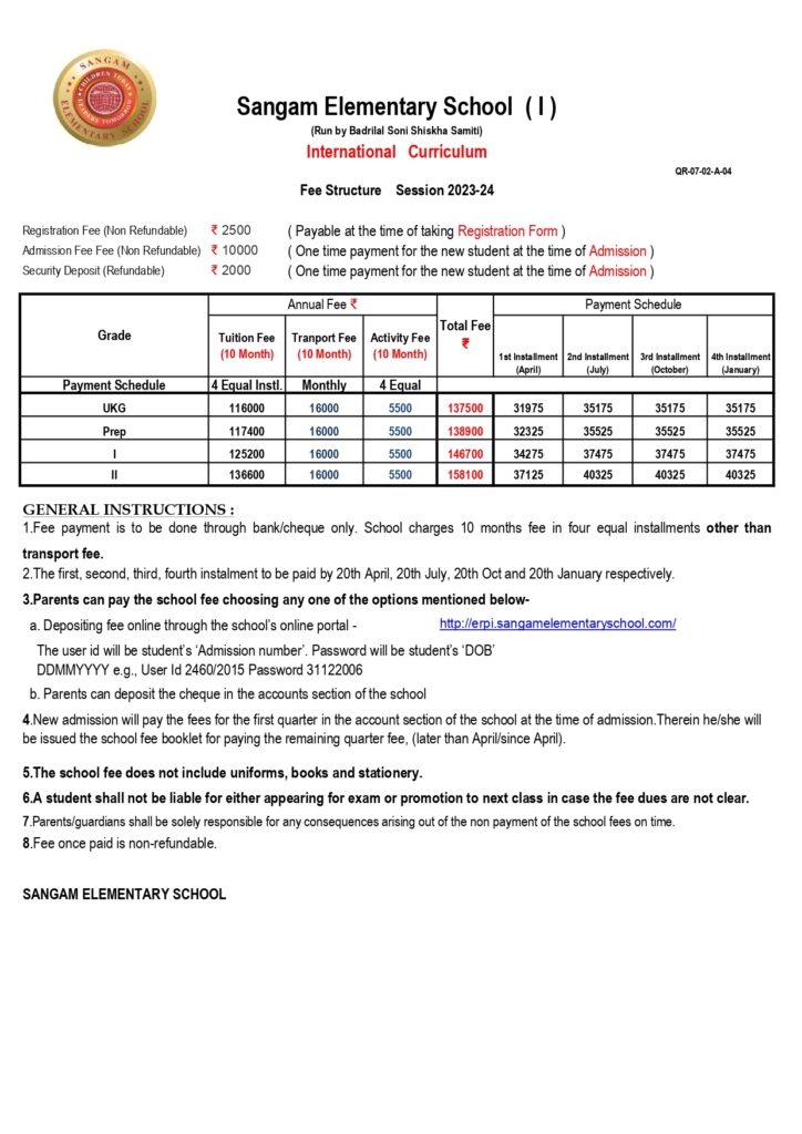 Fee Structure Session 2023-24 – Sangam School or Elementary