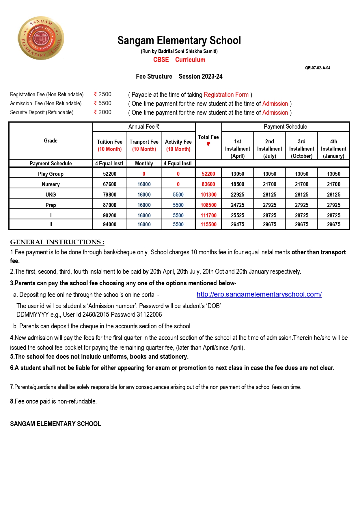 Fee Structure Session 2023-24 – Sangam School or Elementary